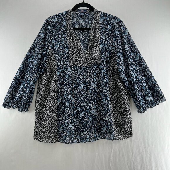 Chaps | Tops | Chaps Blouse Womens Xl 34 Sleeve Floral Patchwork Tie ...